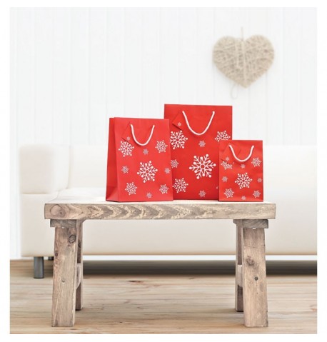 Sac cadeau papier rouge avec motifs flocons de neige | Petit format